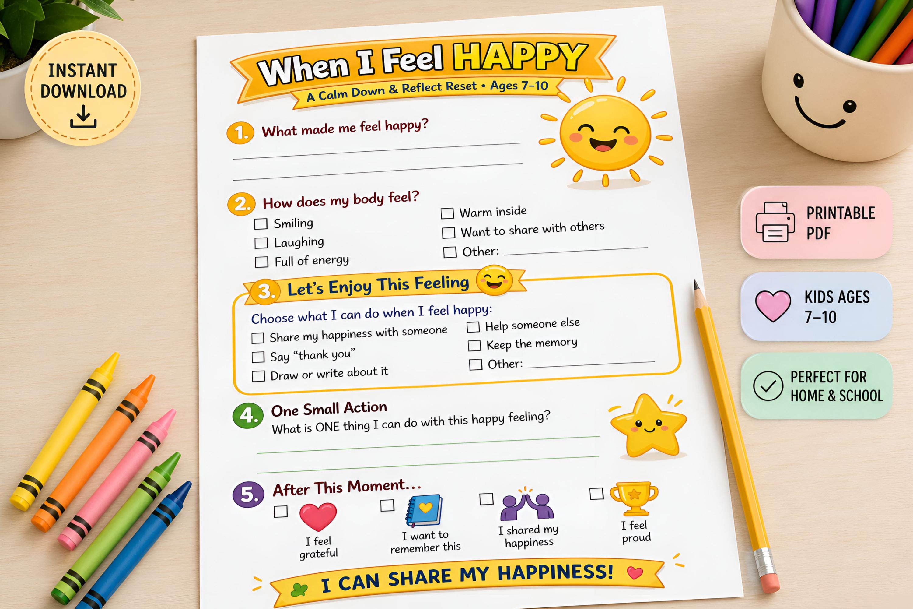 Happy Feelings Worksheet for Kids (ages 7-10) | Social Emotional ...