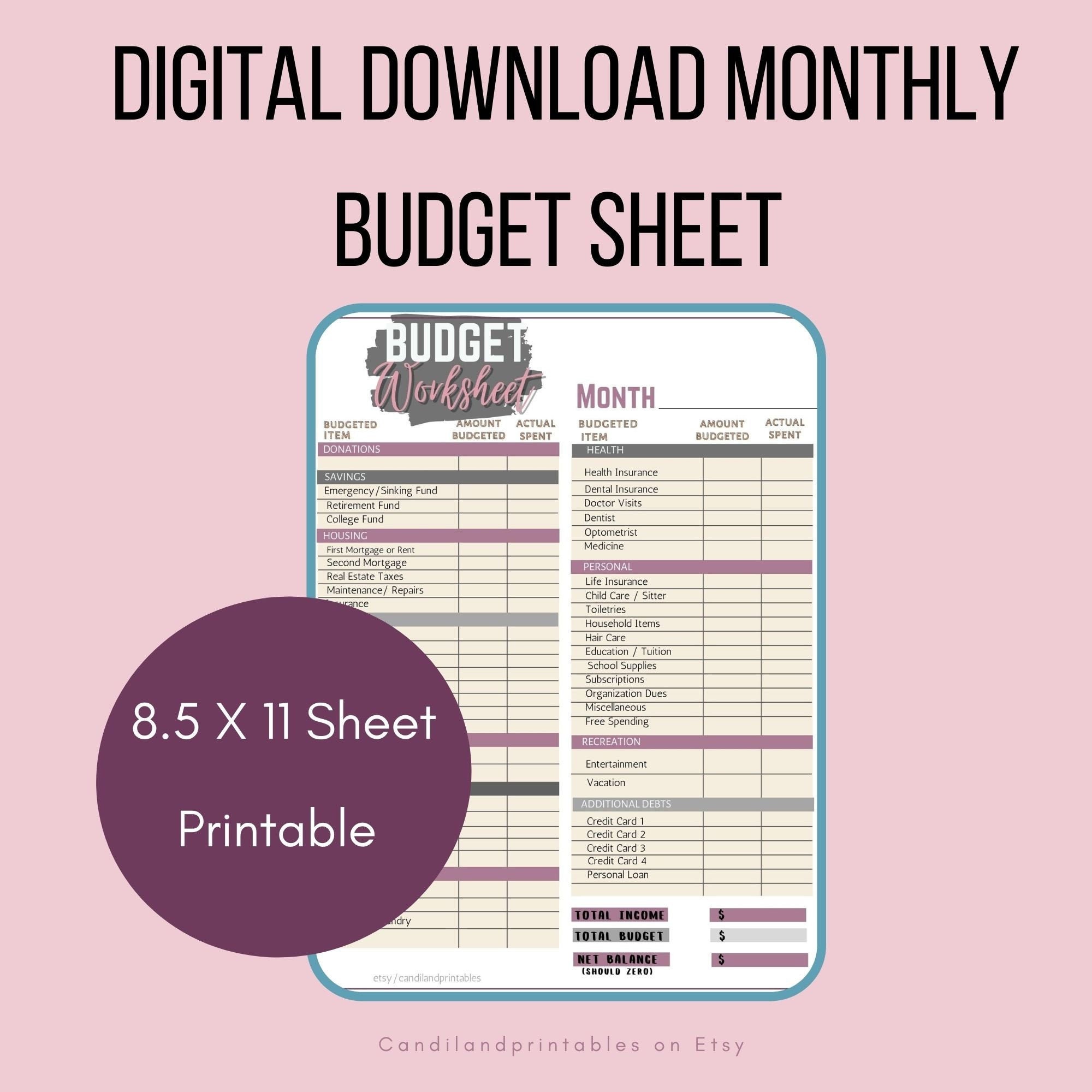 Monthly Budget Sheet, Digital Download, Printable, Monthly Budget ...