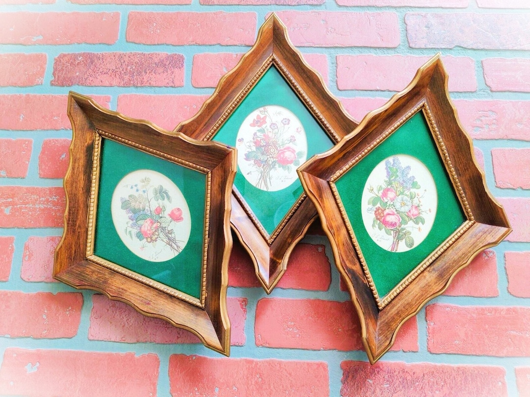 Vintage DIAMOND Rhombus SCALLOPED Wood Picture Photo FRAMES Oval Floral ...