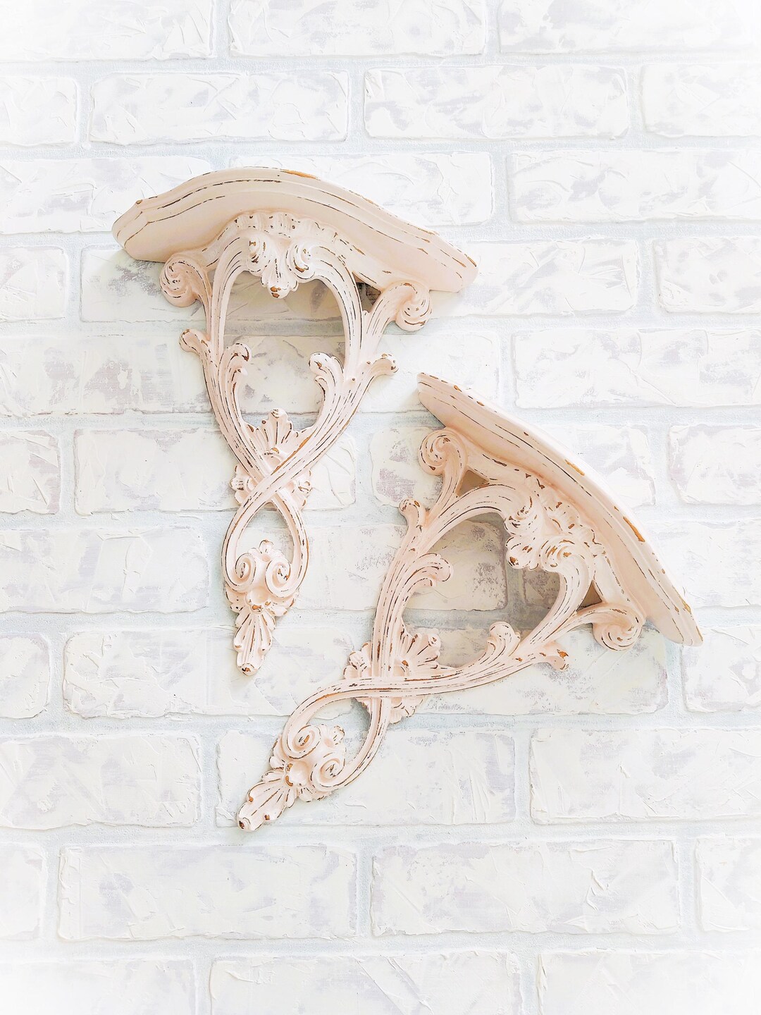 Shabby PALE PINK Wood Scrolled Wall Shelves Shelf Plate Display Holders ...