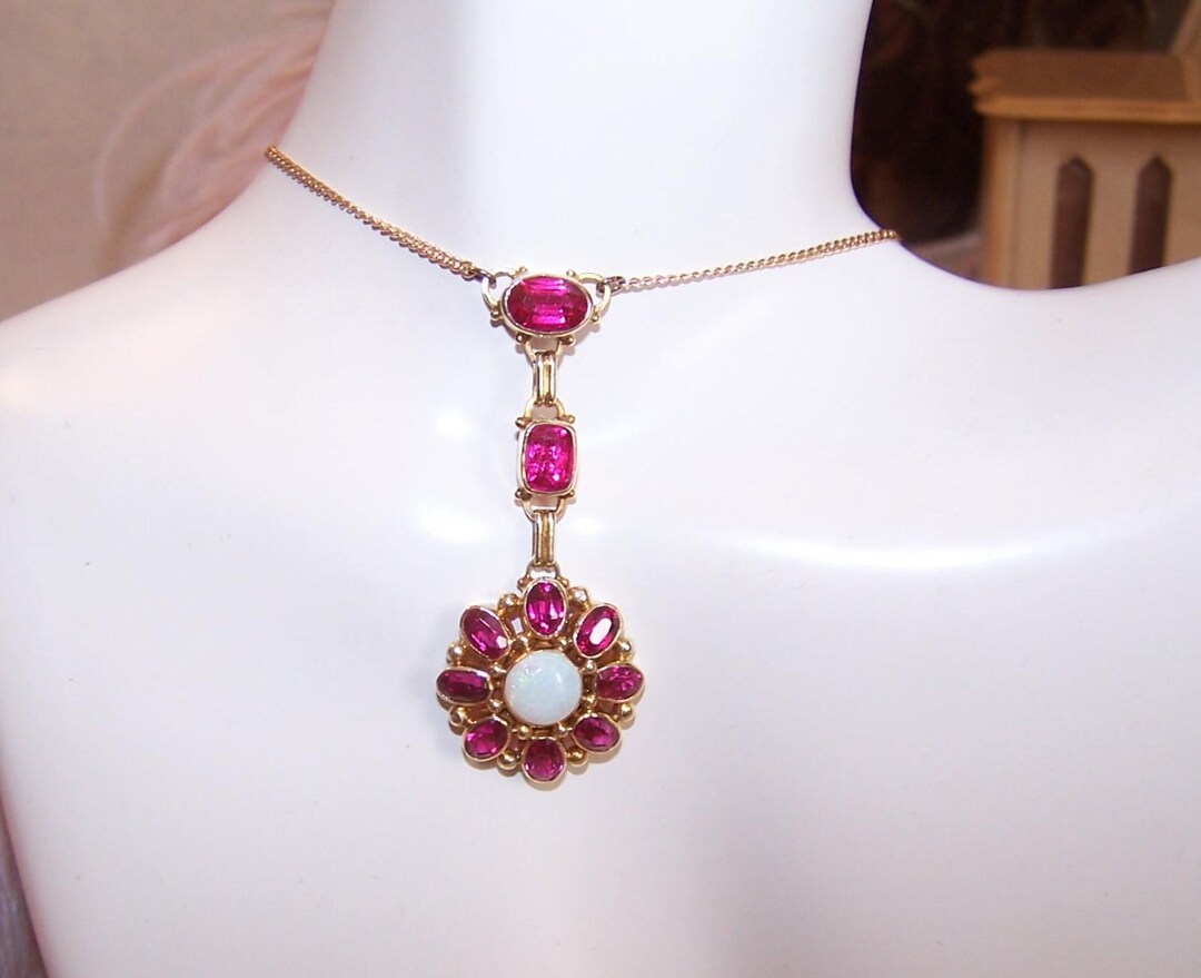 Antique Edwardian 14K Gold Ruby Opal Pendant Drop Necklace (10/23/24 ...