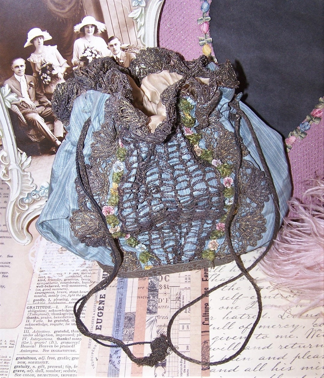 Antique Edwardian French Drawstring Silk Purse With Mirror Bottom ...