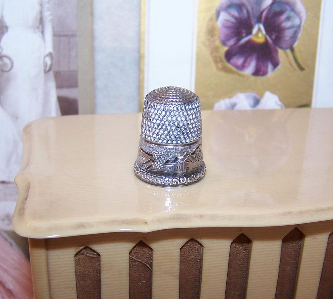 Sterling Silver Thimble Engraved House Mountains Sunrise Design ...