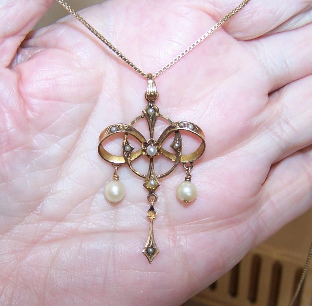 Antique Edwardian 14K Gold Split and Natural Pearl Lavaliere Pendant 08 ...