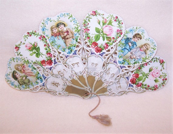 Antique Victorian Paper Folding Fan A Gift of Love Images - Etsy