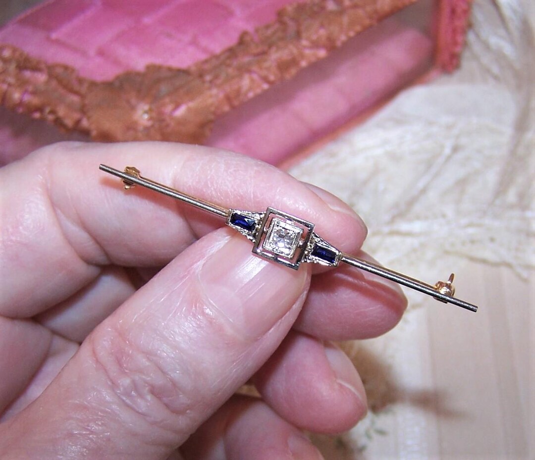 Birks Canada Art Deco 18K and 14K Gold Bar Pin With .26CT TW Diamond ...