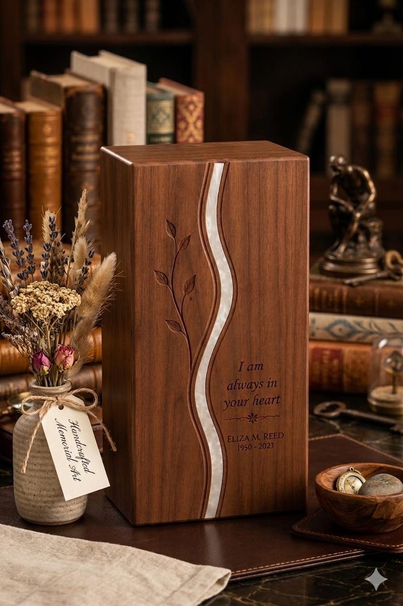 Personalized Wooden Urn Box, Engraved Leaf Memorial Keepsake, Handmade ...