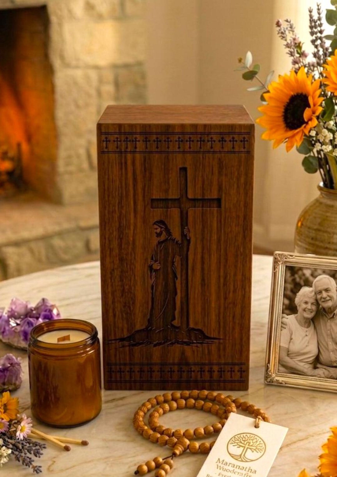 Christian Wooden Cremation Urn, Jesus Cross Engraved Memorial Box ...