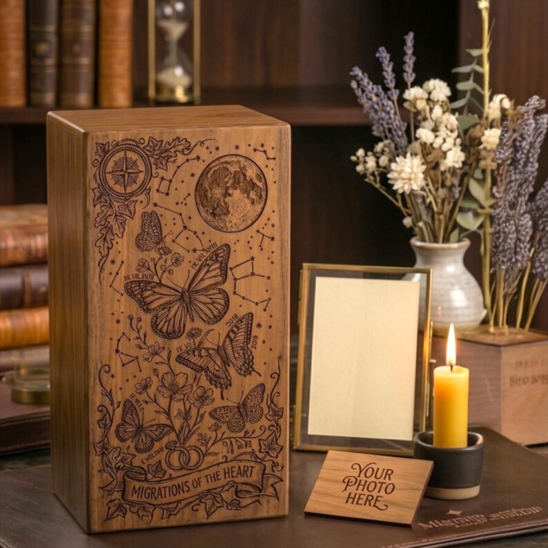 Personalized Walnut Urn Box, Engraved Butterfly Memorial Keepsake ...