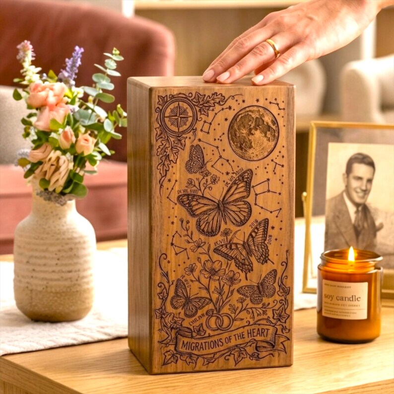 Personalized Walnut Urn Box, Engraved Butterfly Memorial Keepsake ...
