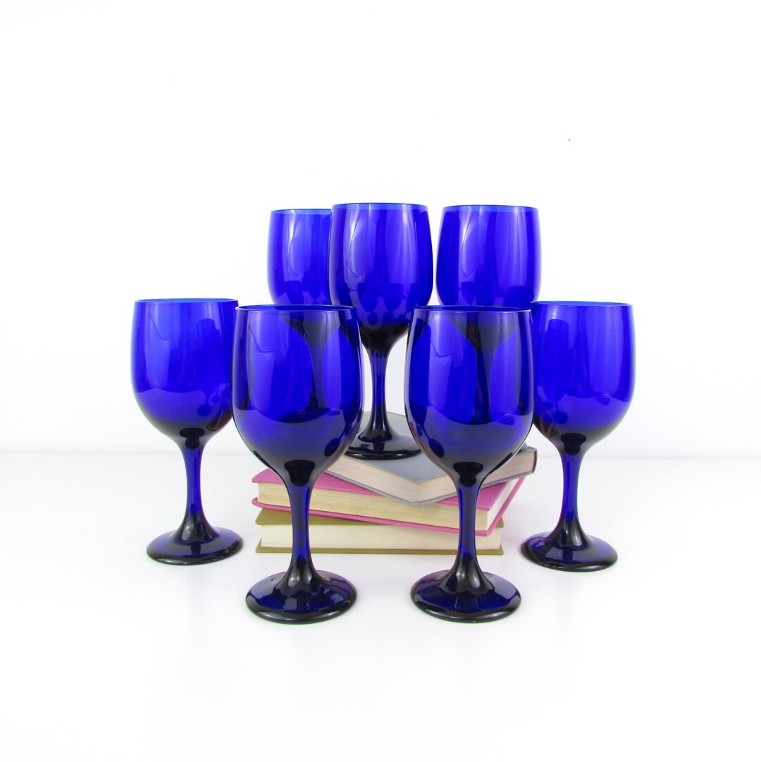 Libbey Cobalt Blue Wine Glasses Set of 7 - Vintage Colored Glassware ...
