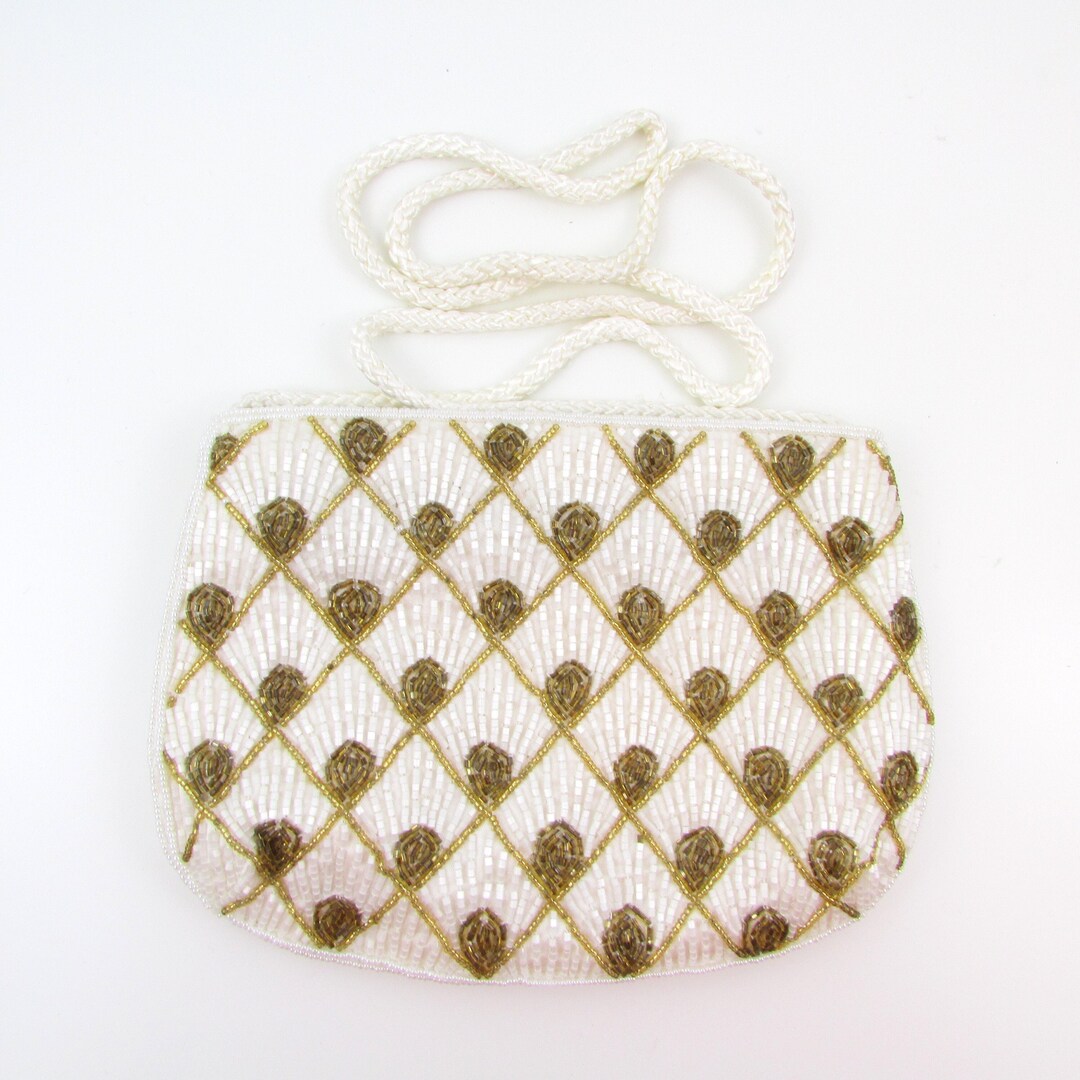 Vintage 1960s Art Deco Beaded Evening Purse in White and Gold by Goldco ...
