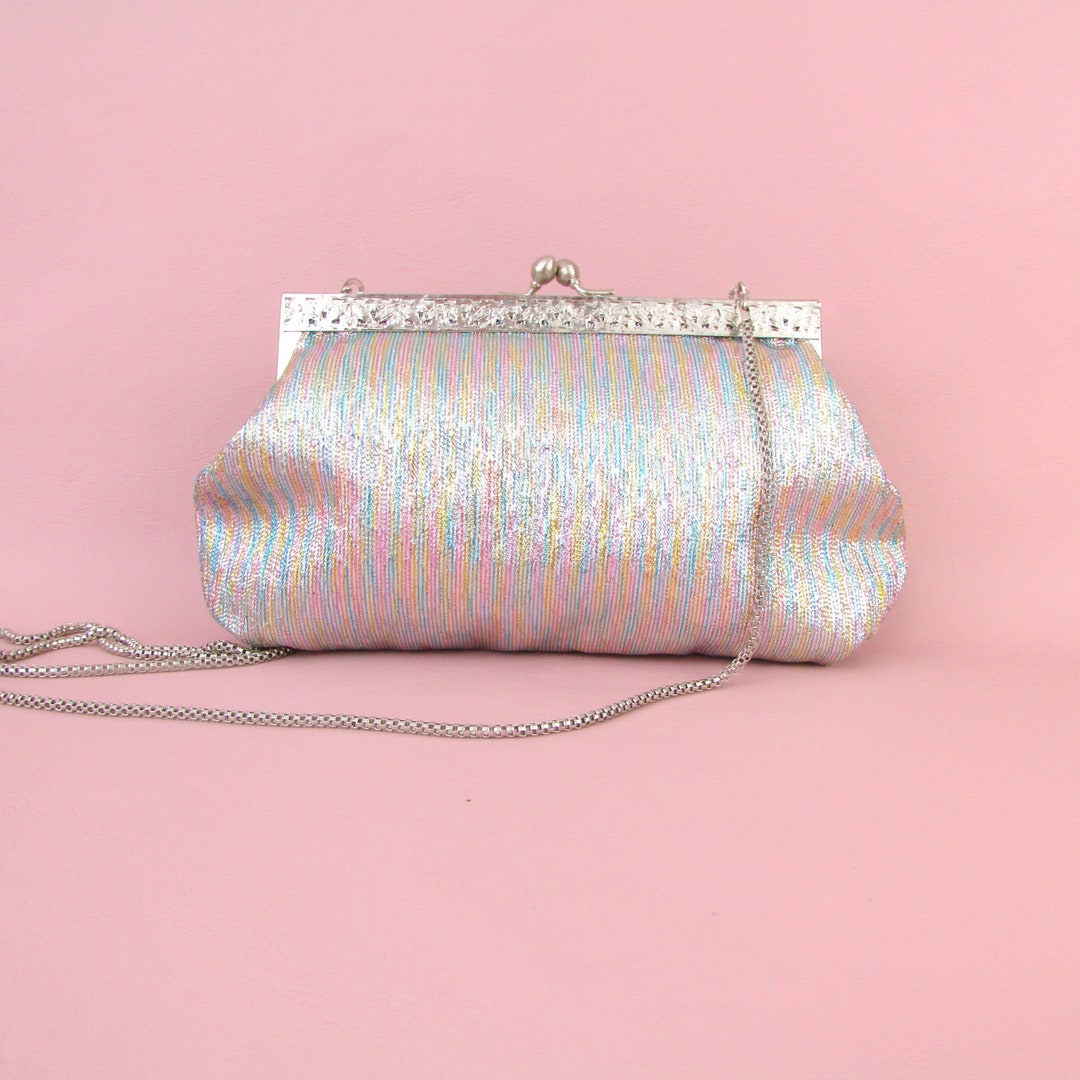 Vintage Metallic Silver Disco Purse - Evening Shoulder Bag W/ Pastel ...