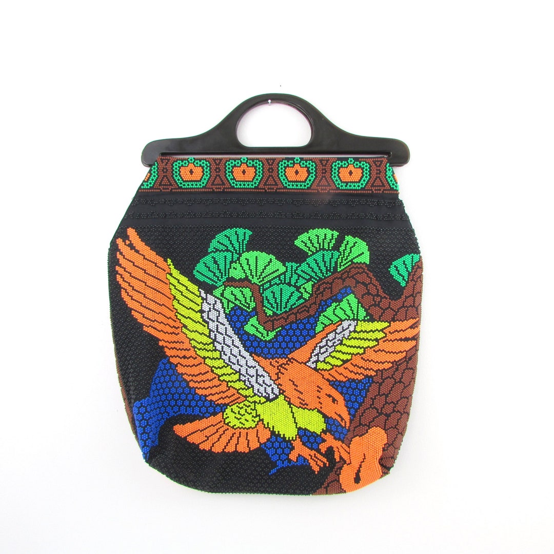 Vintage Beaded Bird Purse Top Handle Bag - 1970s Boho Hippie Eagle Hawk ...