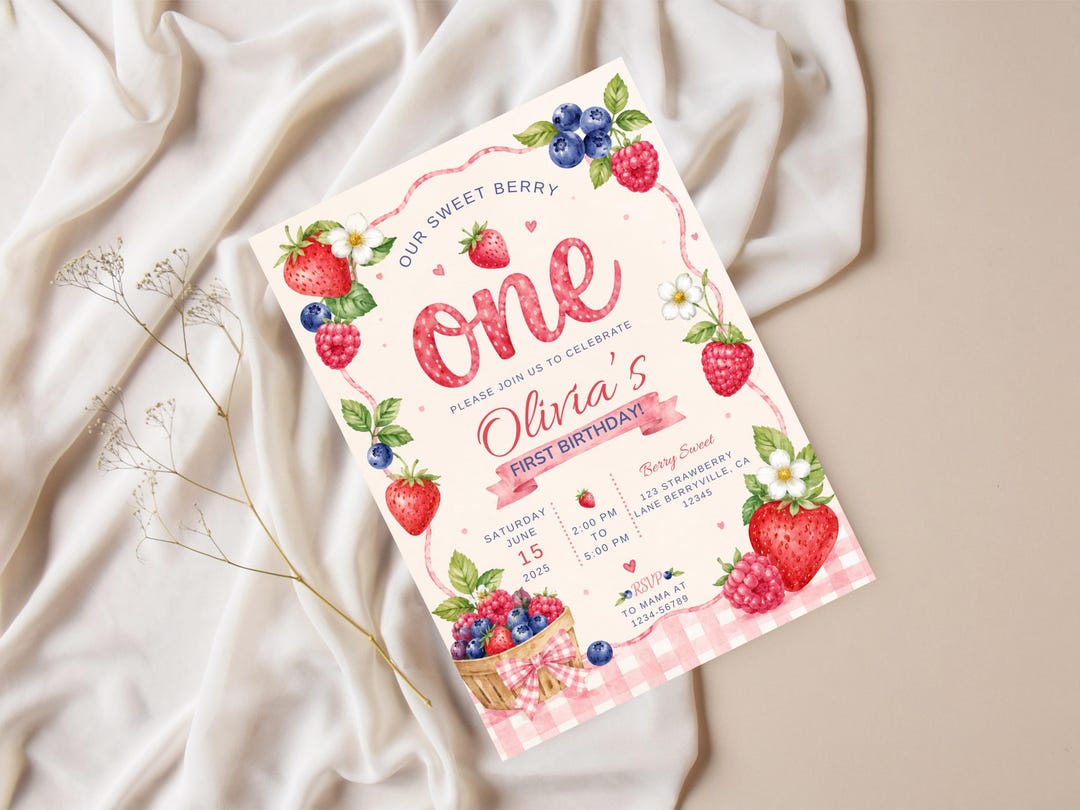 Modèle d'Invitation baies Sweet One Birthday, fraise premier ...
