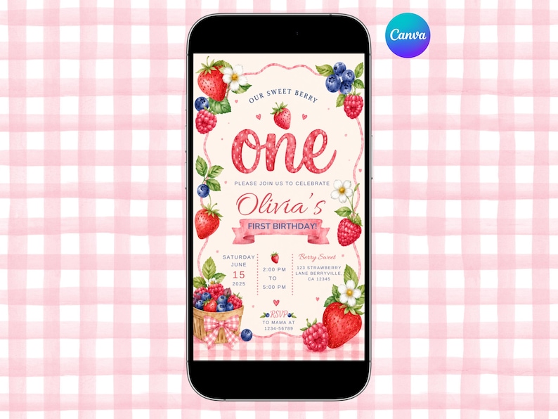 Modèle d'Invitation baies Sweet One Birthday, fraise premier ...