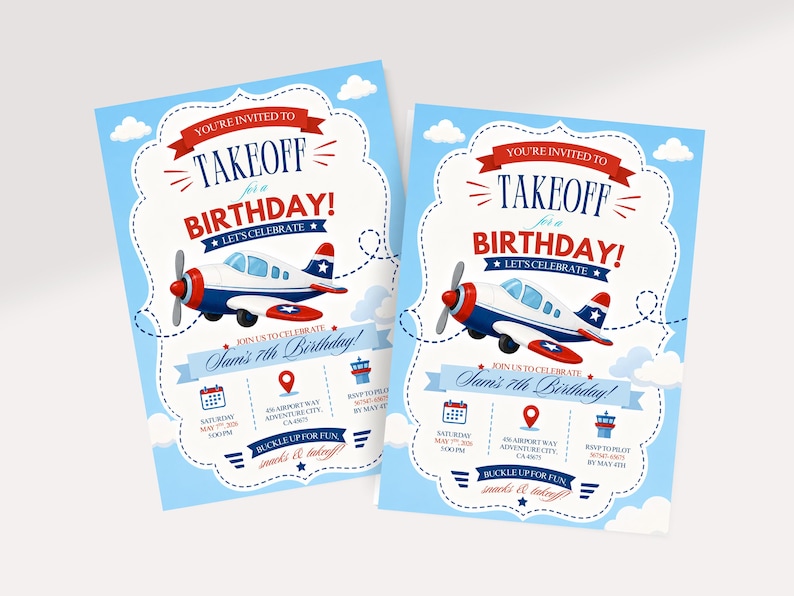 Editable Airplane Birthday Invitation Template, Printable Blue Aero ...