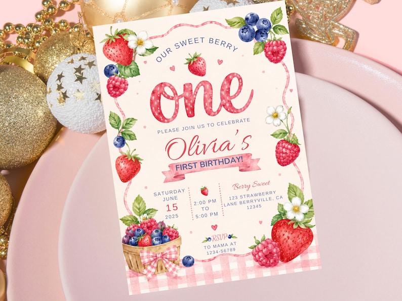 Modèle d'Invitation baies Sweet One Birthday, fraise premier ...