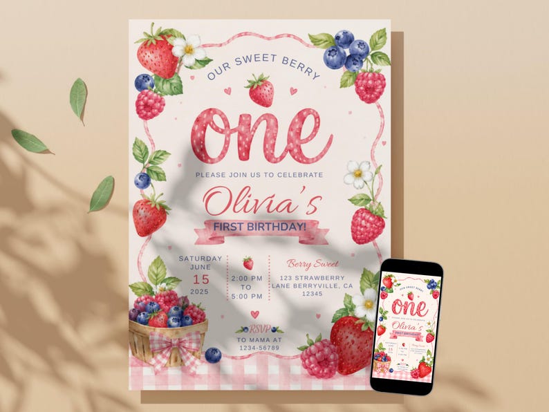 Modèle d'Invitation baies Sweet One Birthday, fraise premier ...