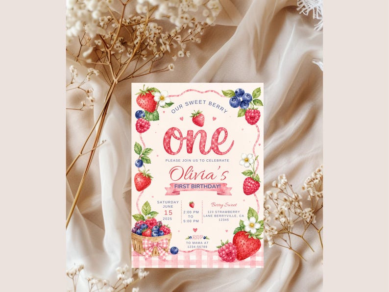 Modèle d'Invitation baies Sweet One Birthday, fraise premier ...
