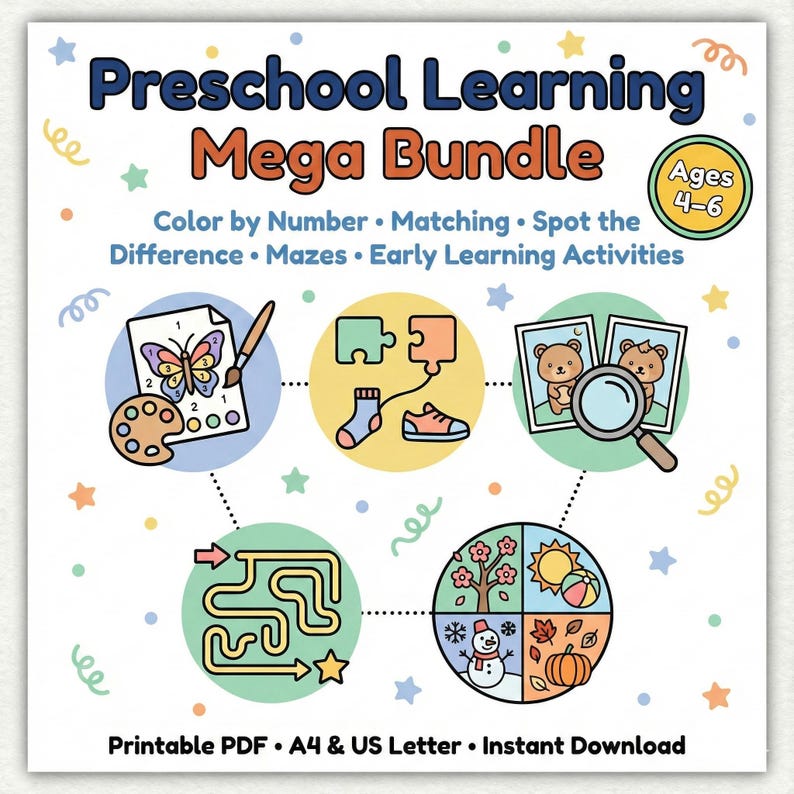 Preschool Activity Mega Bundle Printable PDF | Mazes, Matching, Color ...