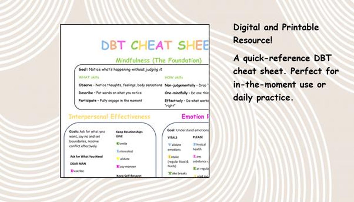 DBT Cheat Sheet, Skills Handout, Worksheet, Emotion Regulation ...