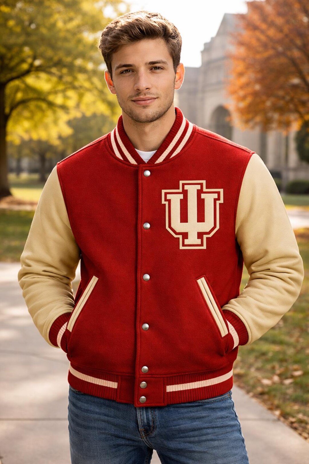 Classic Red & Cream Varsity Letterman Jacket With Embroidered Patches ...