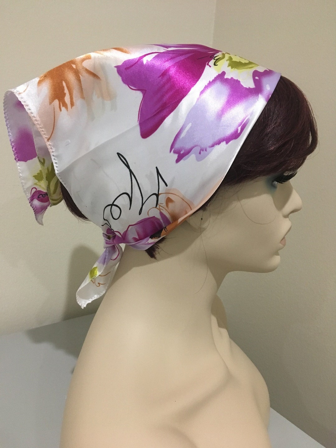 Silk Like Polyester Head or Neck Scarf 20x 20 White Multicolor Floral ...