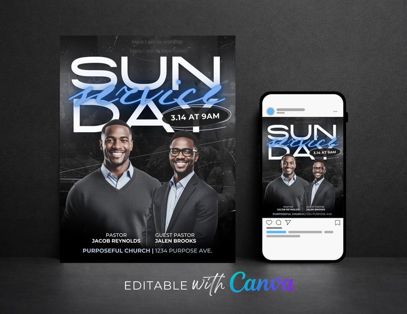 Sunday Service Church Flyer Template Black & Blue | Editable Canva ...