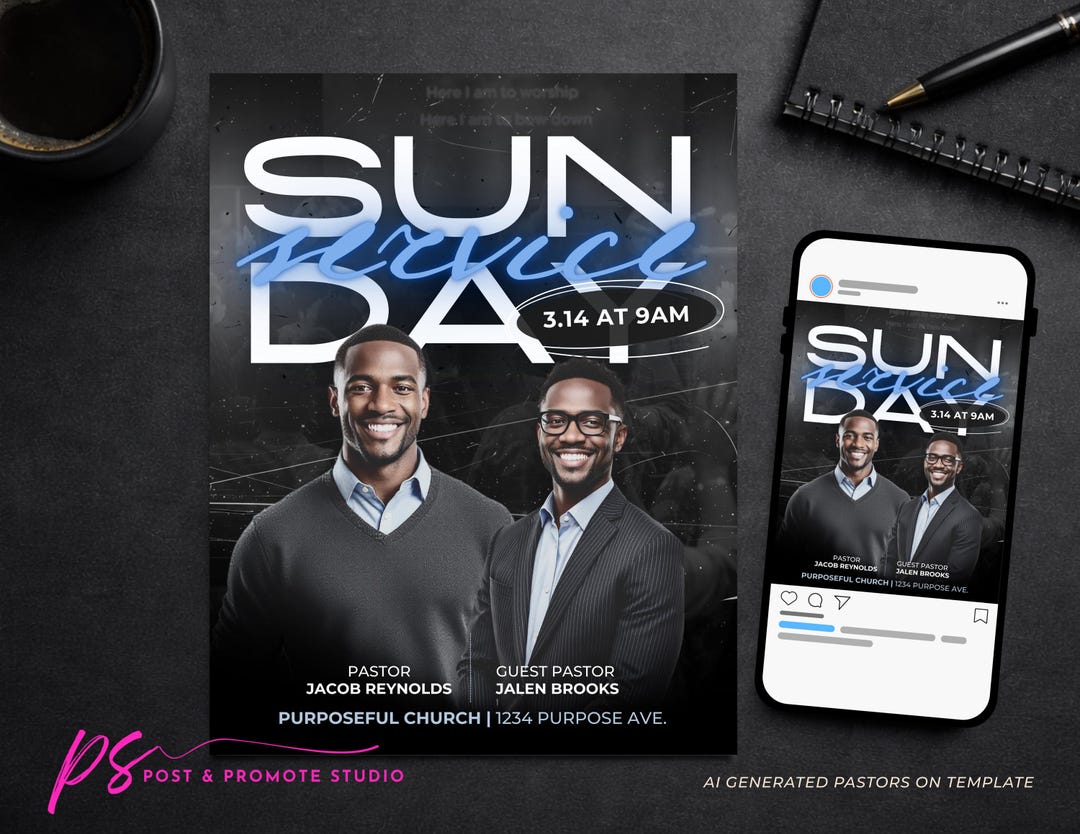 Sunday Service Church Flyer Template Black & Blue | Editable Canva ...