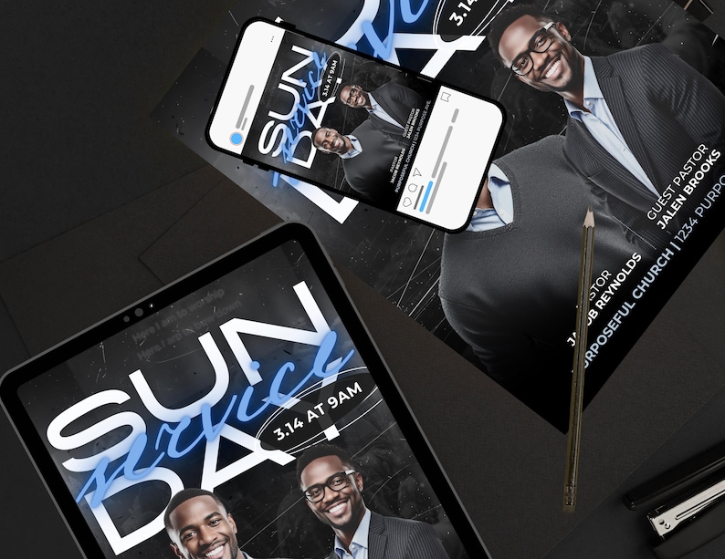 Sunday Service Church Flyer Template Black & Blue | Editable Canva ...