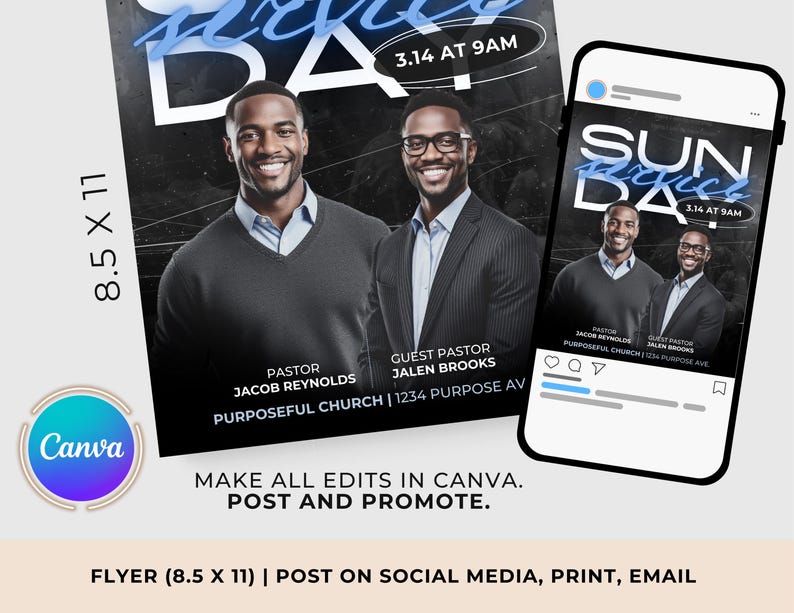 Sunday Service Church Flyer Template Black & Blue | Editable Canva ...