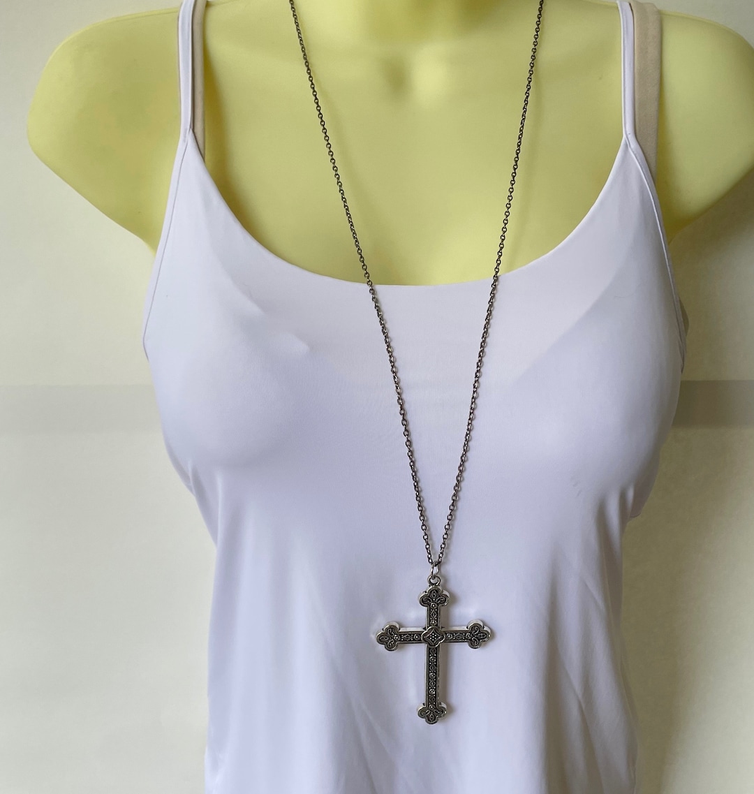 Cross Pendant Long Chain Necklace - Heavy Goth Gothic Cross Pendant on ...