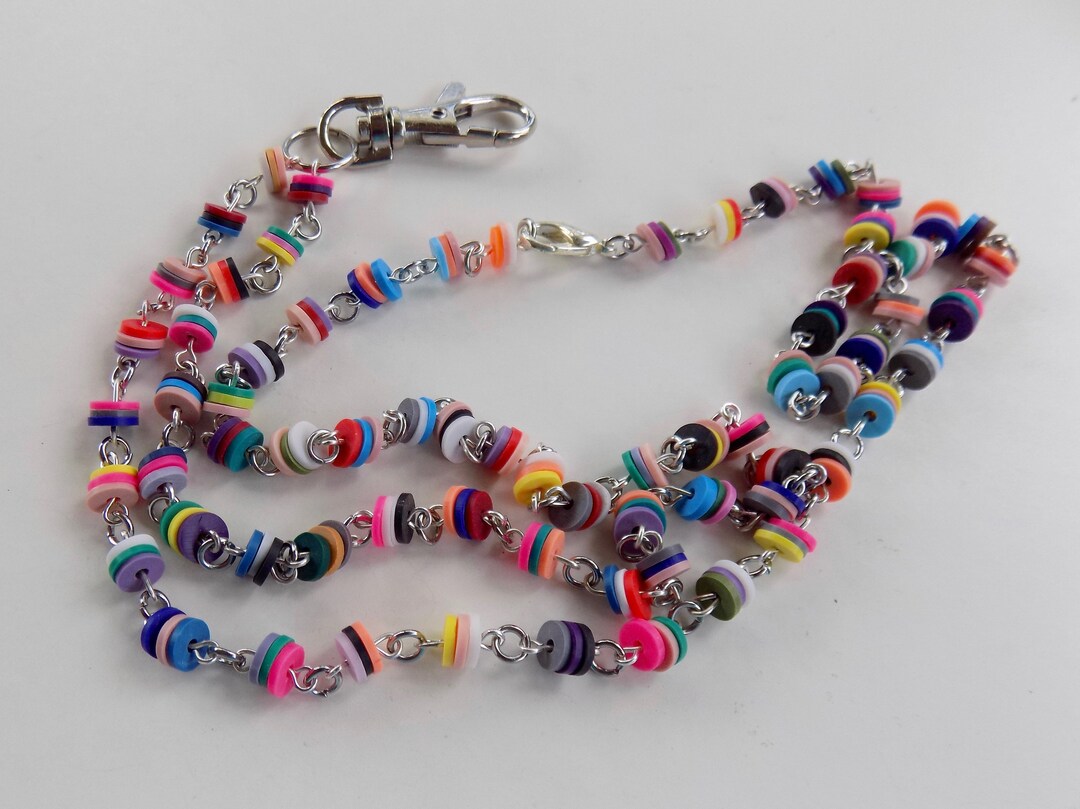Colorful and Fun Beaded ID Lanyard - Polymer Clay Multicolored Long ...