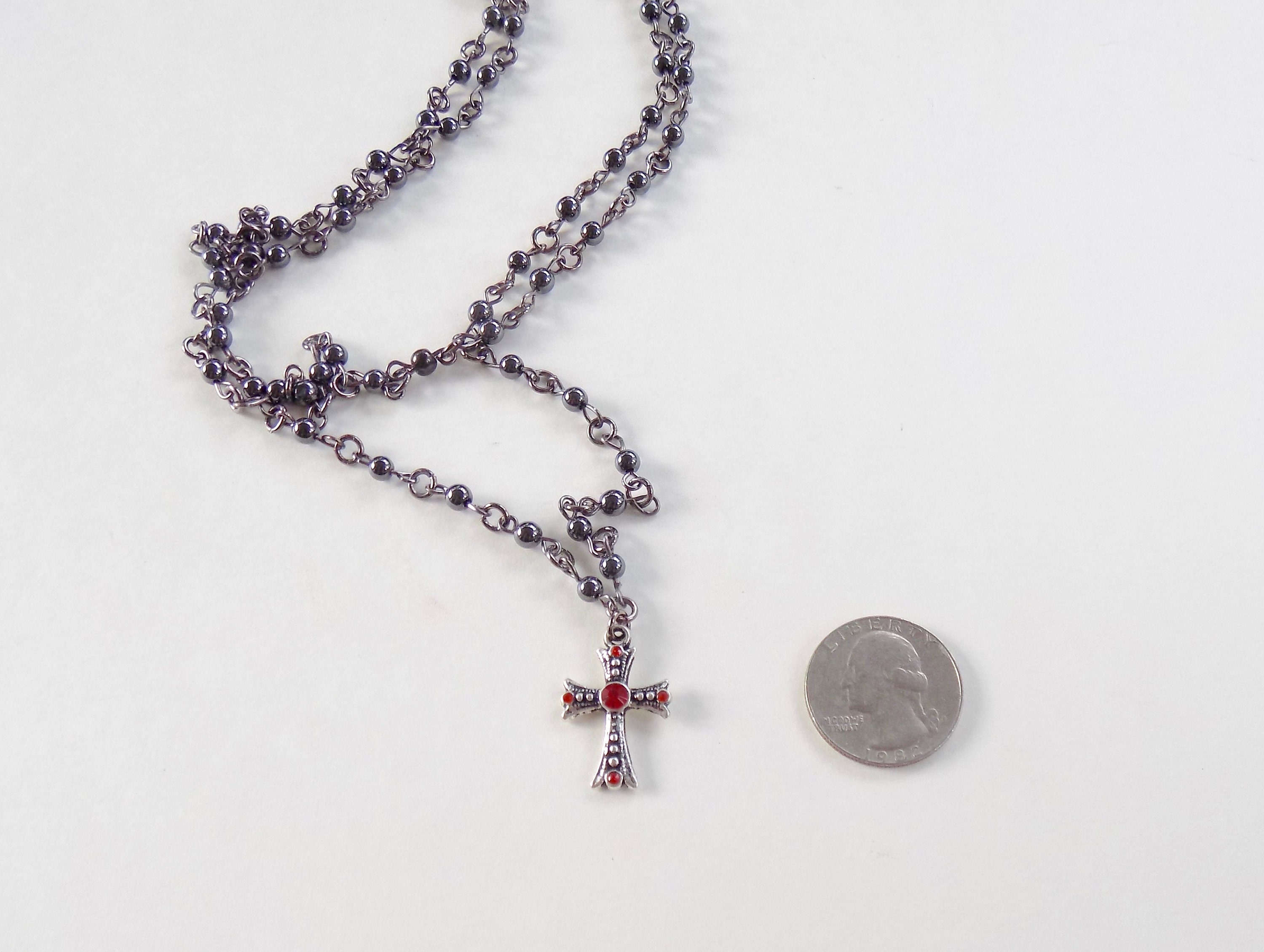Rosary Style Double Strand Beaded Cross Necklace - Stylish Goth Double ...