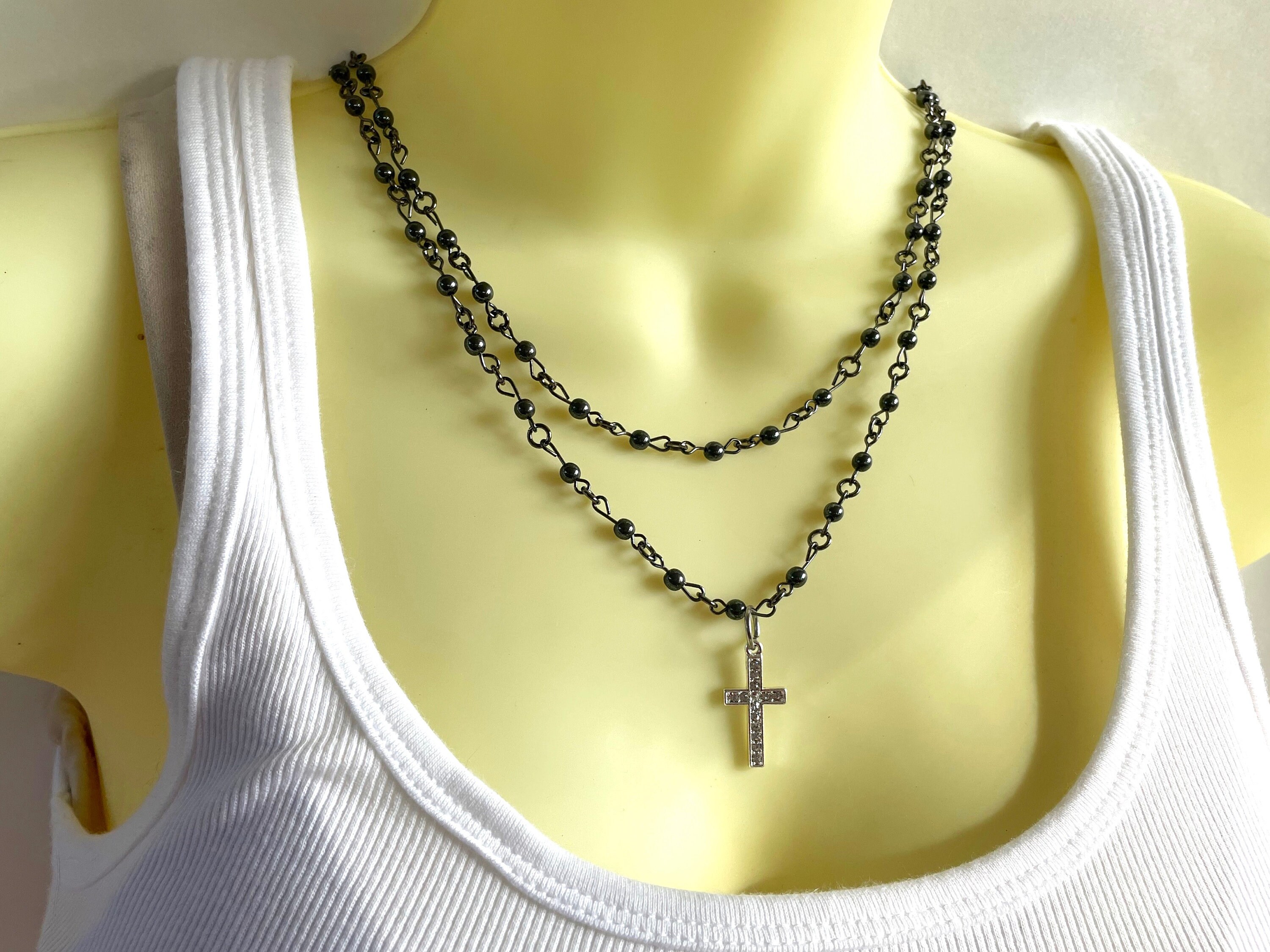 Rosary Style Double Strand Beaded Cross Medallion Necklace | Etsy