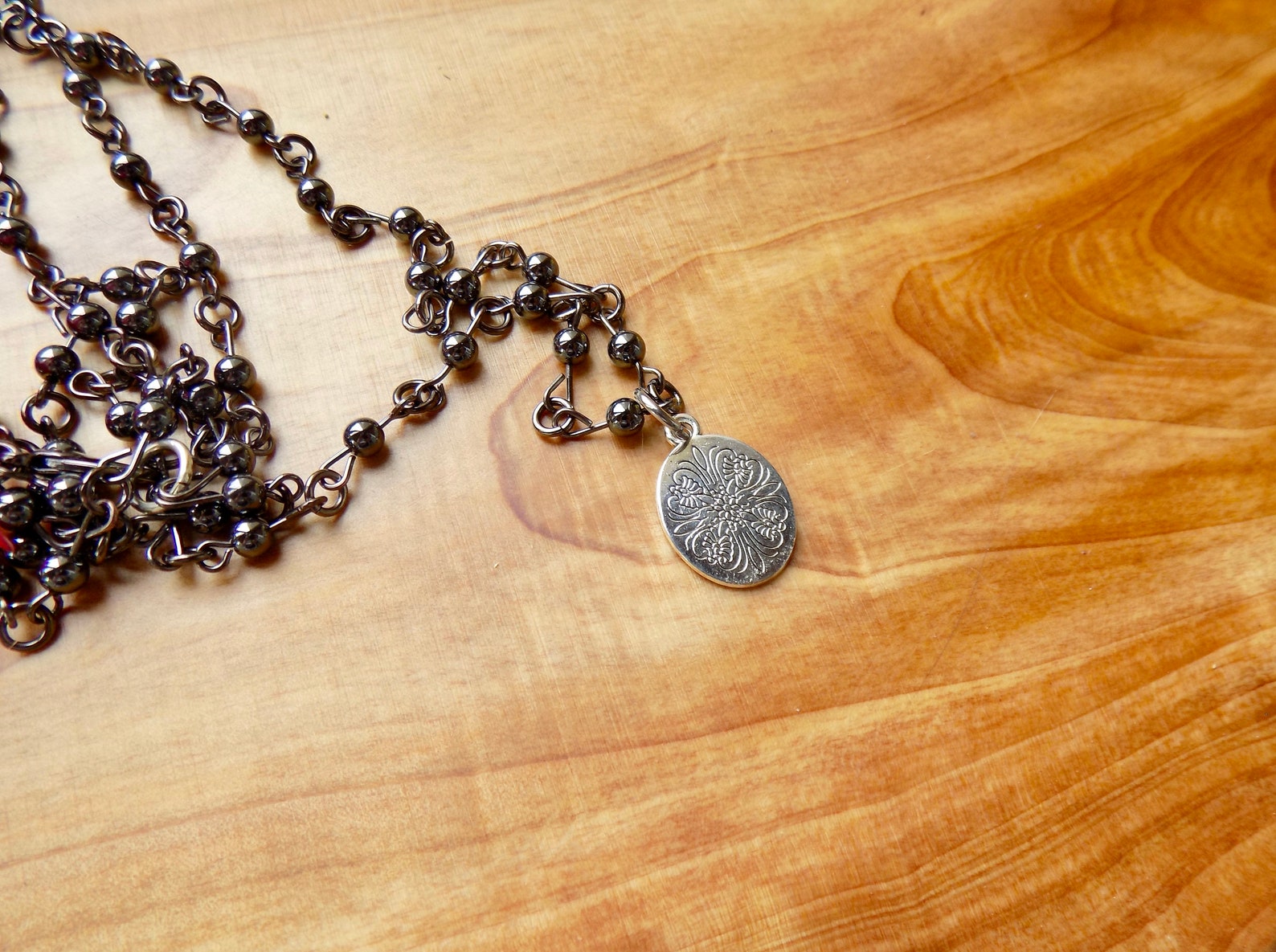 Double Strand Beaded Etched Pendant Necklace - Stylish Goth Double ...