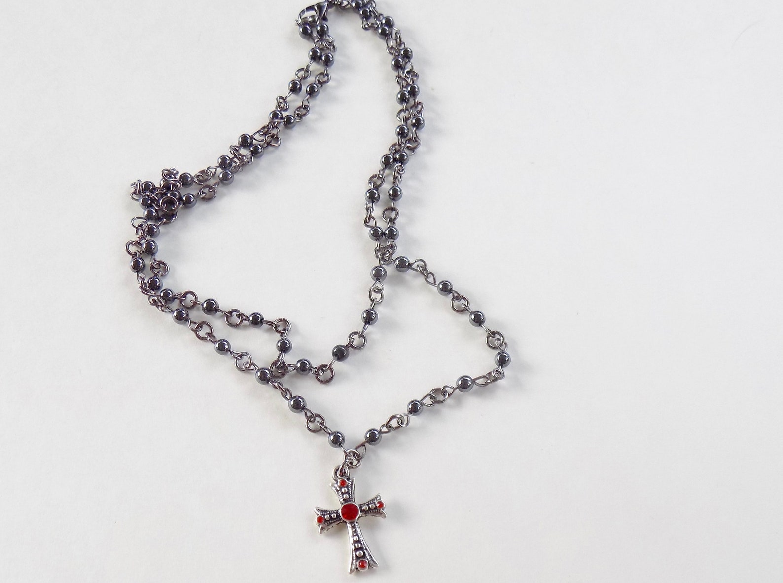 Rosary Style Double Strand Beaded Cross Necklace - Stylish Goth Double ...