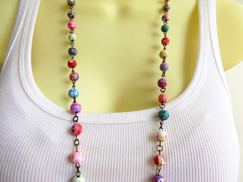 Colorful and Fun Beaded Necklace - Polymer Clay Multicolored Long ...