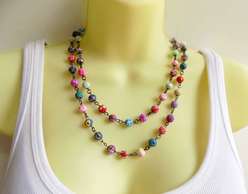 Colorful and Fun Beaded Necklace - Polymer Clay Multicolored Long ...