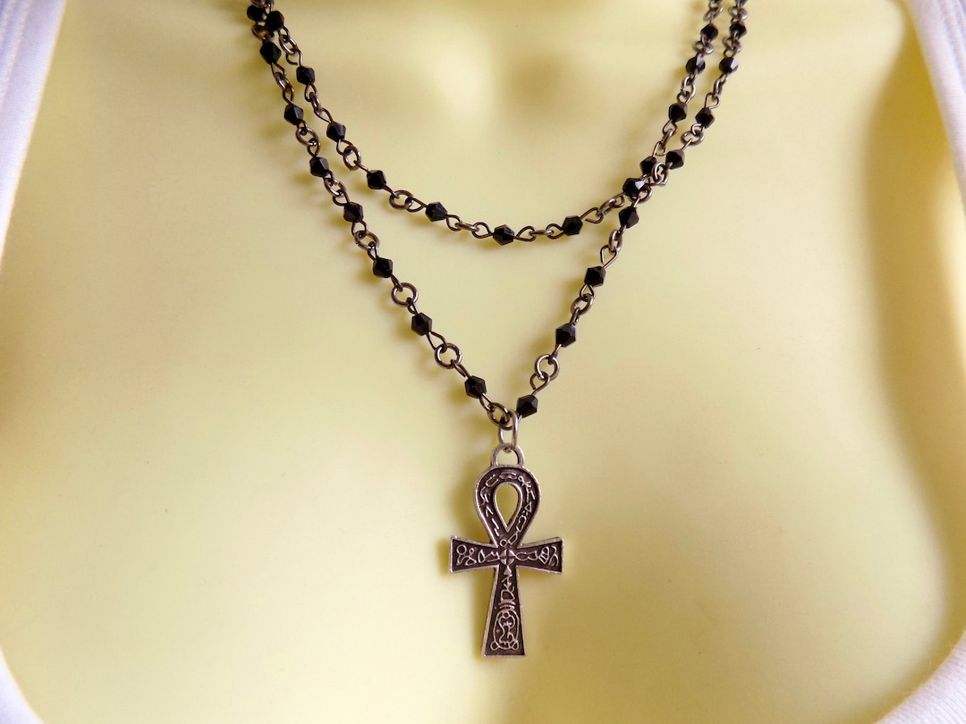 Rosary Style Double Strand Beaded Egyptian Ankh Necklace - Stylish Goth ...