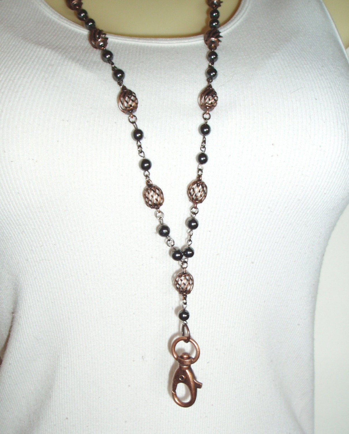 Copper Beaded Lanyard - Pretty Copper and Black Beads on ID Badge ...