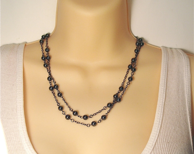 Double Strand Black Necklace Long Black Beaded Necklace in Single or ... Double Strand Black Necklace Long Black Beaded Necklace in Single or ...