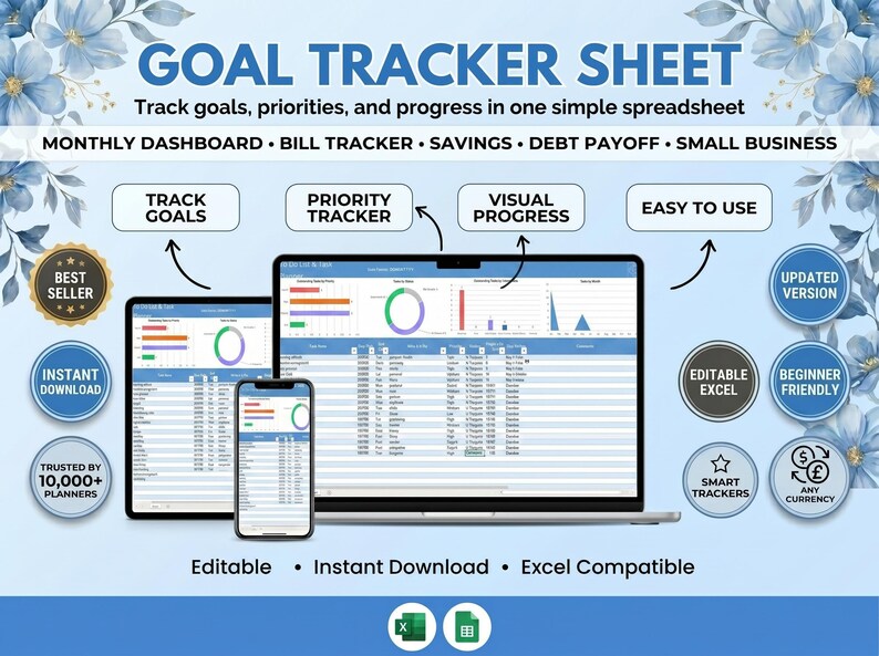 Excel Goal Tracker & Task Dashboard Template, Editable Progress Planner ...