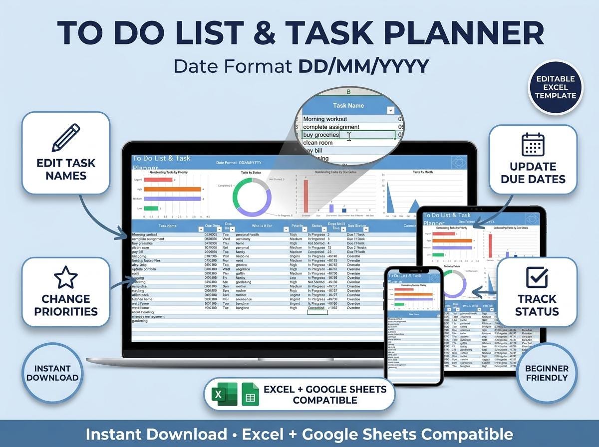 Excel Goal Tracker & Task Dashboard Template, Editable Progress Planner ...