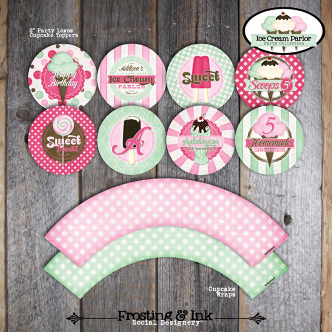 Ice Cream Cupcake Toppers & Cupcake Wrappers Ice Cream Parlor Party ...