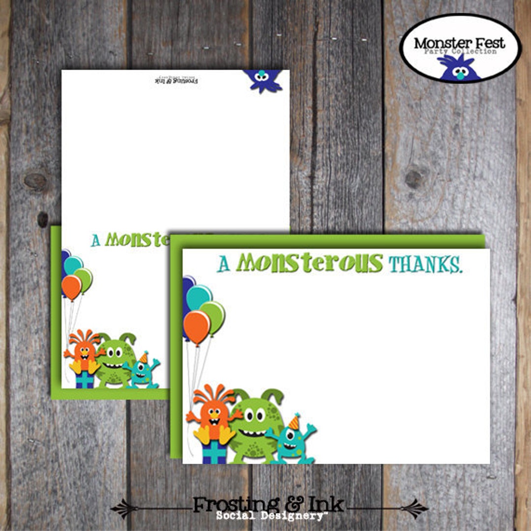 Monster Birthday Party Thank You Cards & Wrap Around Address Labels ...