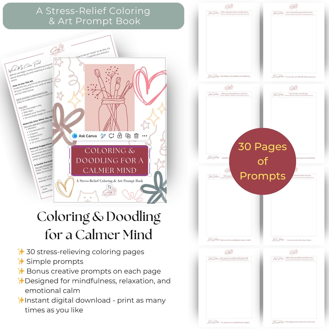 Stress Relief Coloring Book | 30 Calming Art Prompts (digital Download ...
