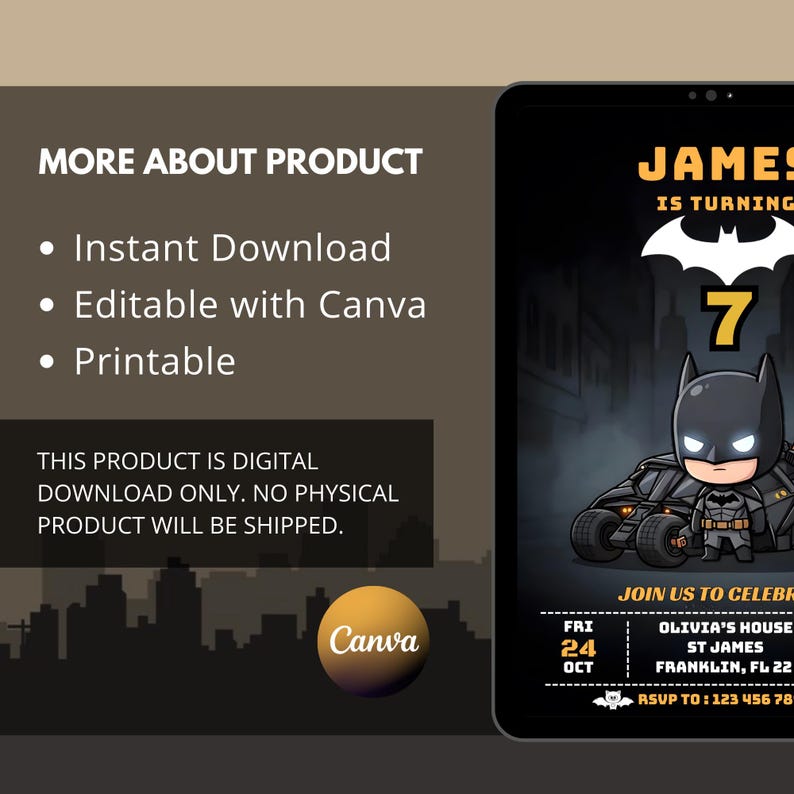 Batman Birthday Invitation | Dark Superhero Party | Editable Canva ...