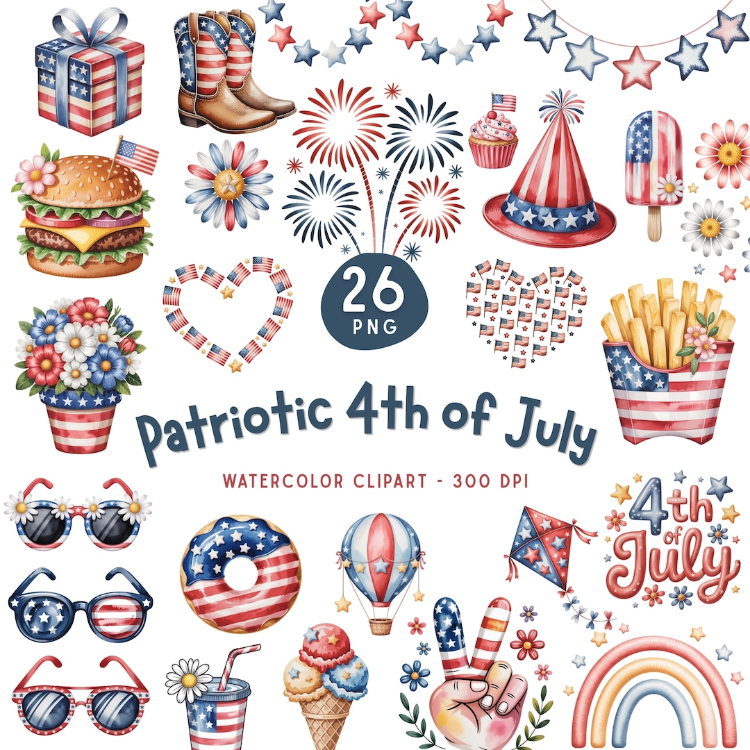 Patriotic 4th of July Clipart Bundle PNG, Watercolor Independence Day ...
